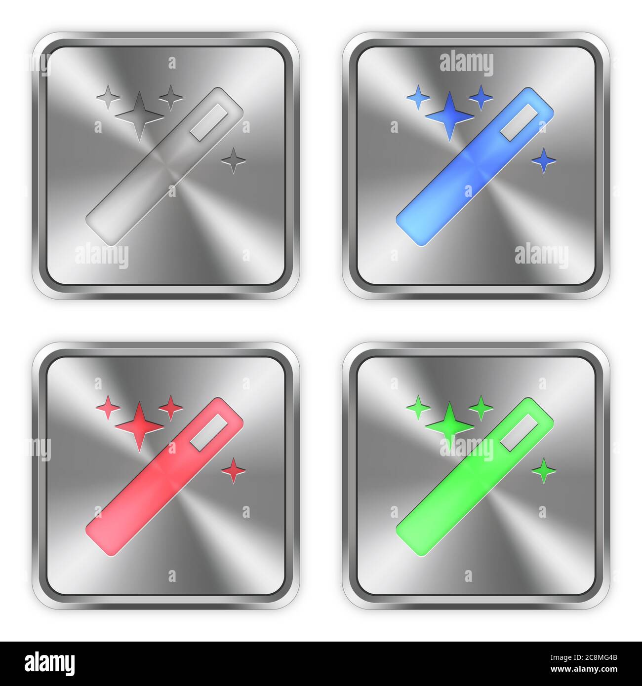 Color magic wand icons engraved in glossy steel push buttons. Well ...