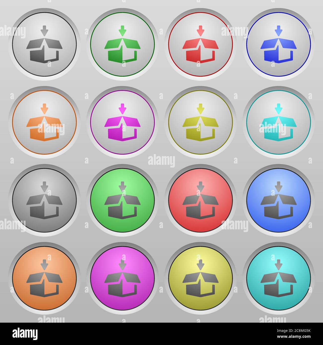 Set of pack plastic sunk spherical buttons on light gray background. 16 variations included ...