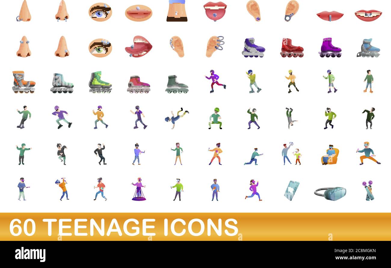 60 teenage icons set. Cartoon illustration of 60 teenage icons vector ...