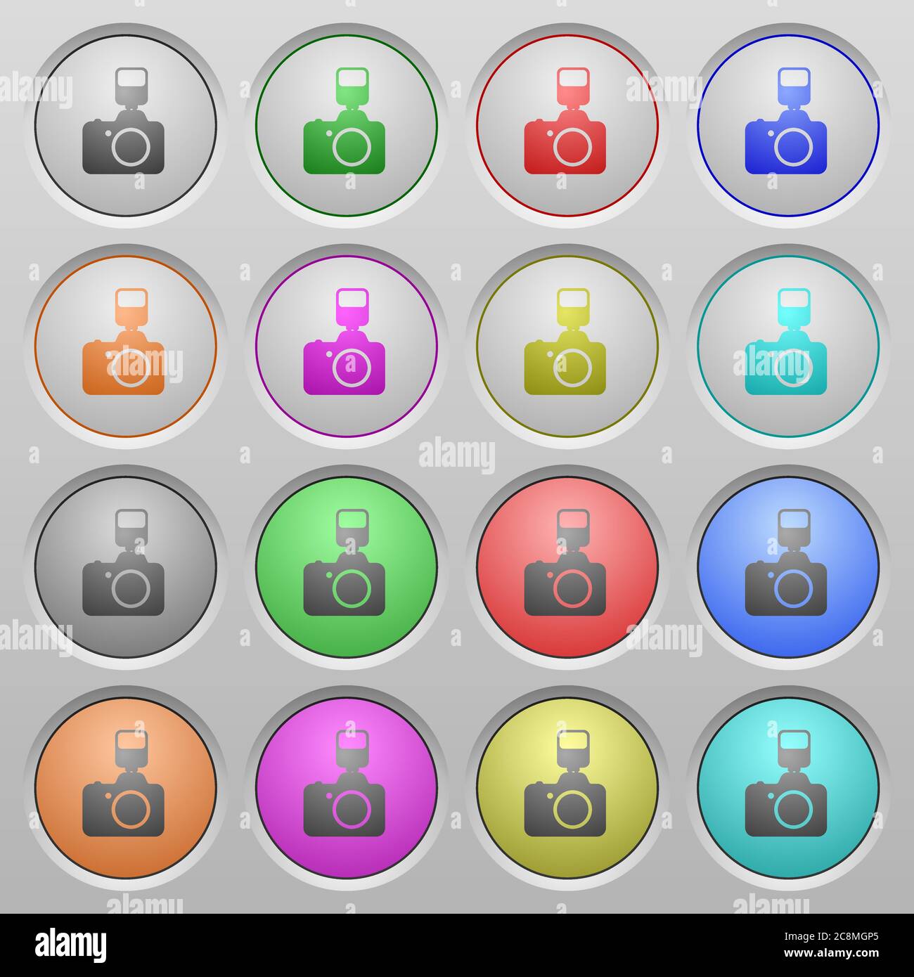 Set of photo camera plastic sunk spherical buttons on light gray background. 16 variations ...