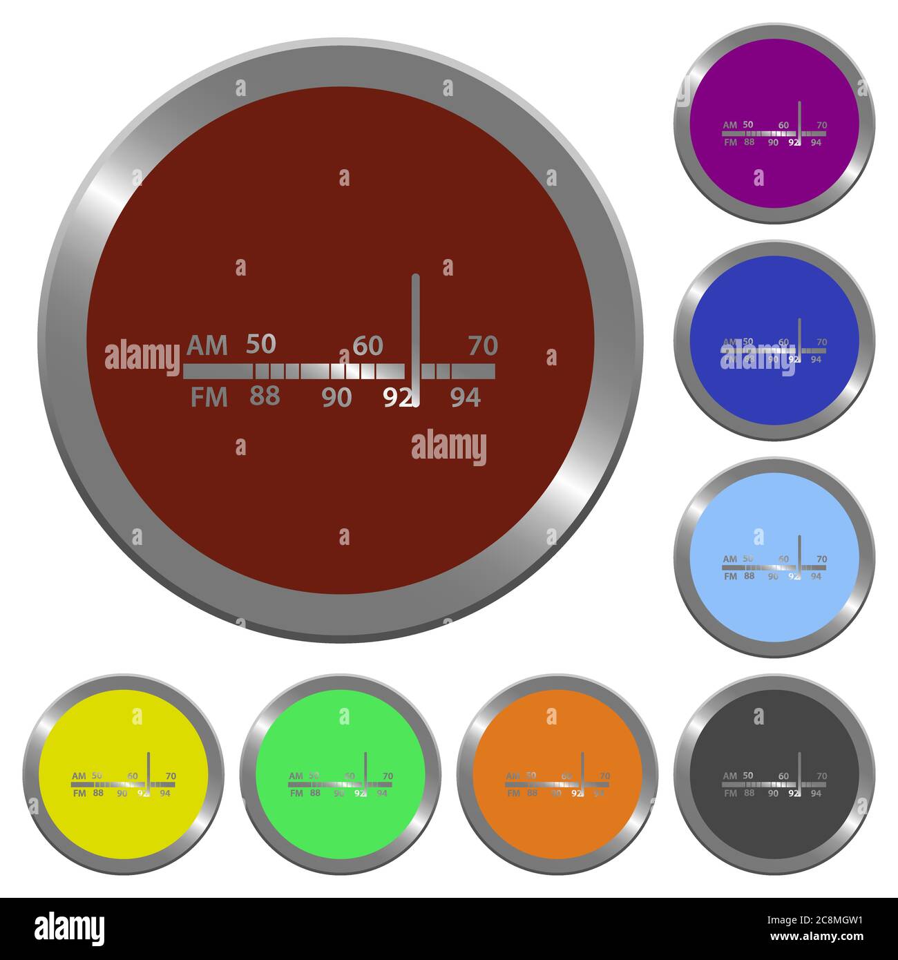 Set of glossy coin-like color radio tuner buttons. Arranged layer ...