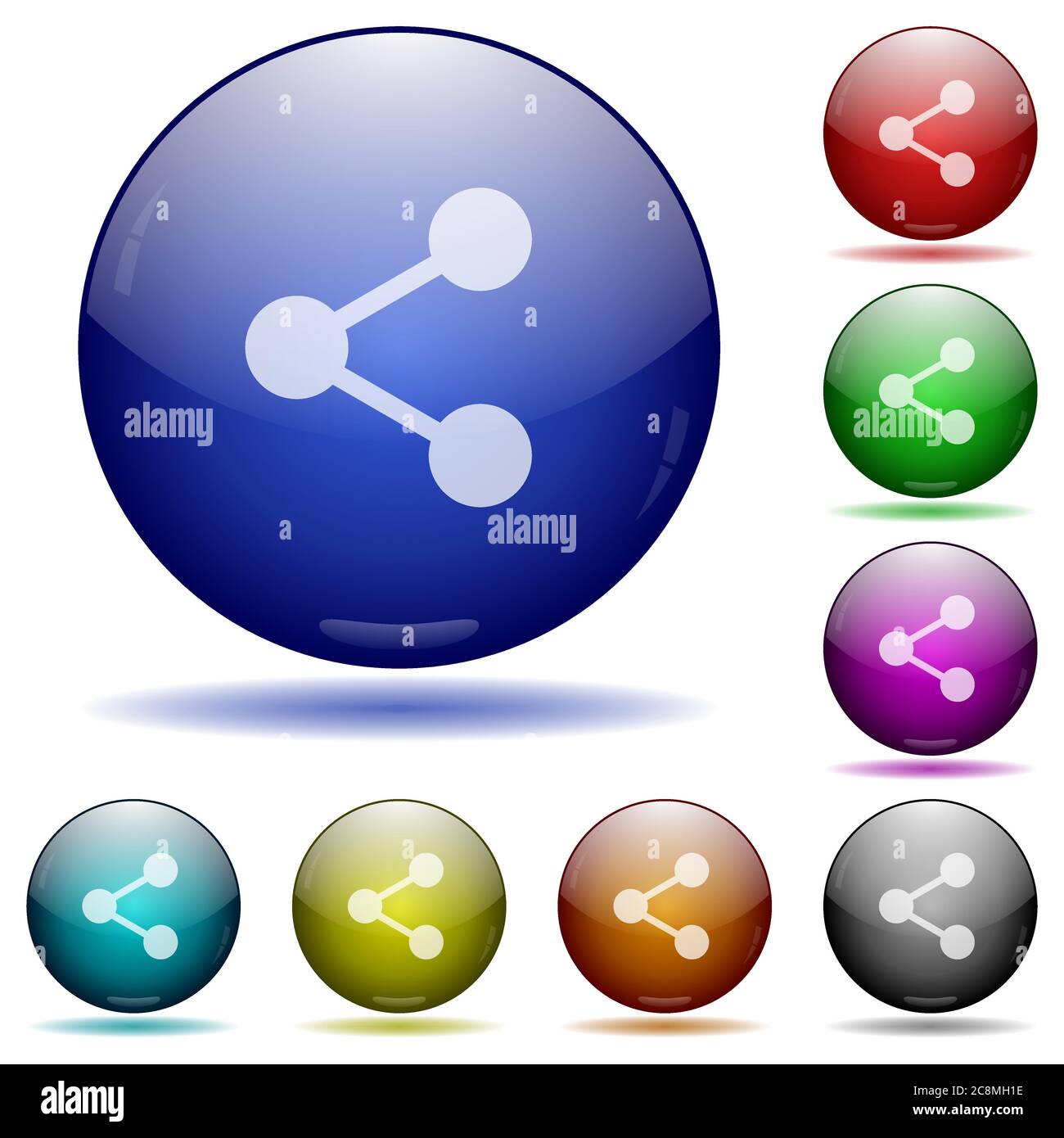 Set of color share glass sphere buttons with shadows. Arranged layer ...