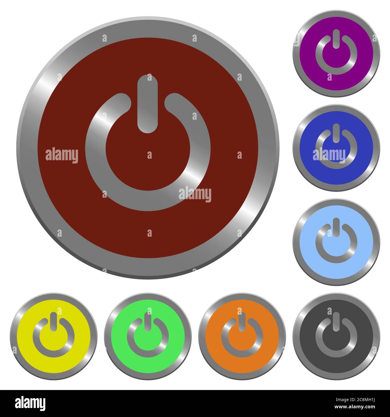 Set of glossy coin-like color power off buttons. Arranged layer ...