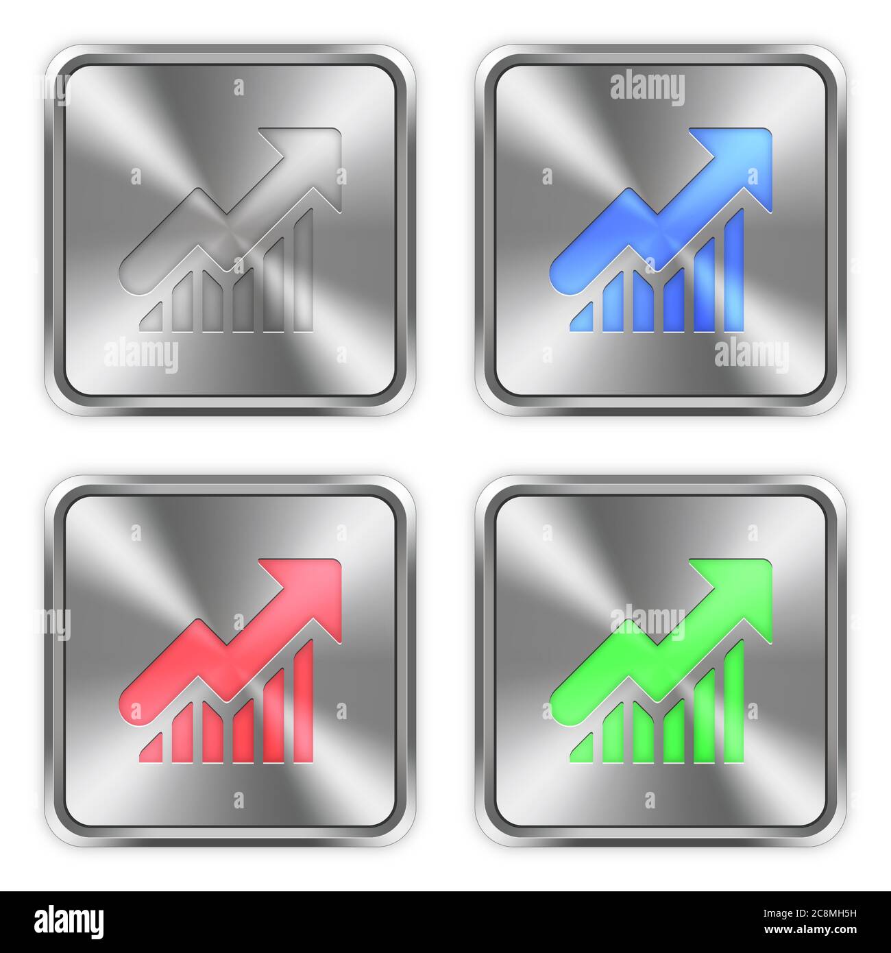 Color rising graph icons engraved in glossy steel push buttons. Well ...