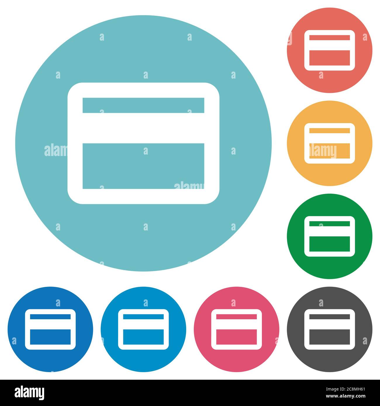 Flat credit card icon set on round color background. 8 color variations included with light teme ...