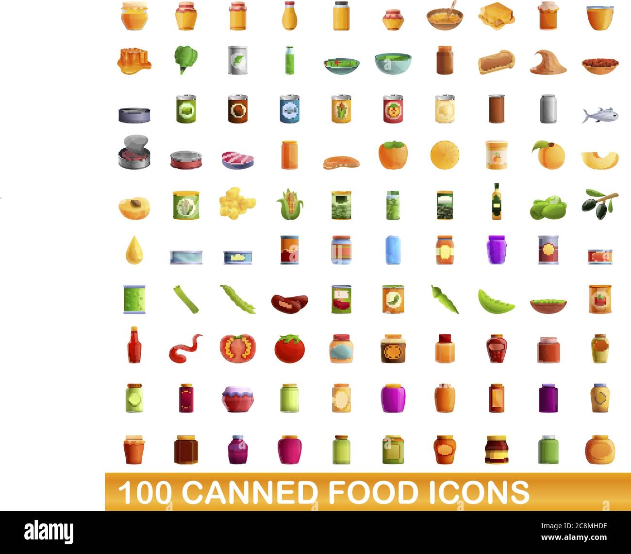 100 canned food icons set. Cartoon illustration of 100 canned food ...