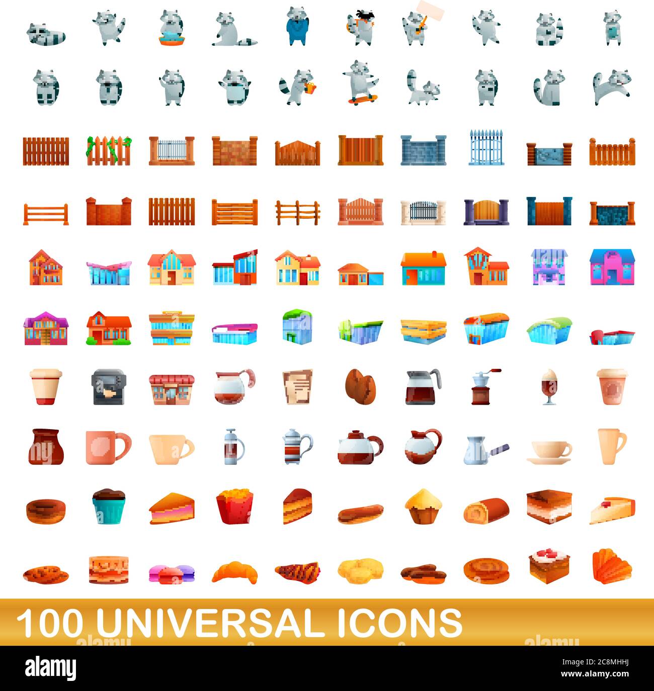 100 universal icons set. Cartoon illustration of 100 universal icons ...