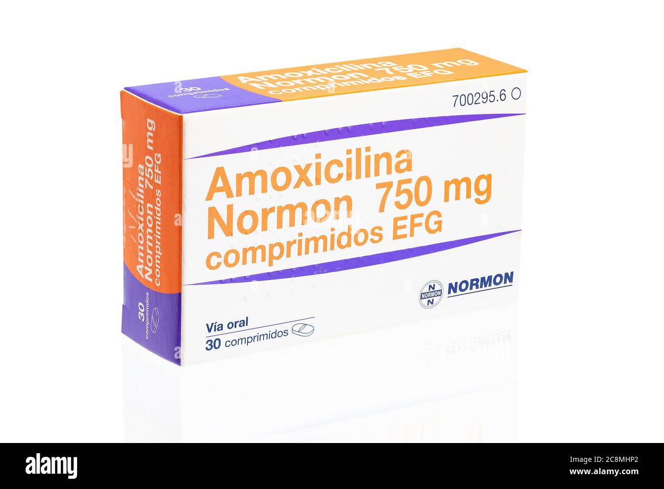 Huelva, Spain - July 23, 2020: Amoxicillin brand Normon. It is a ...