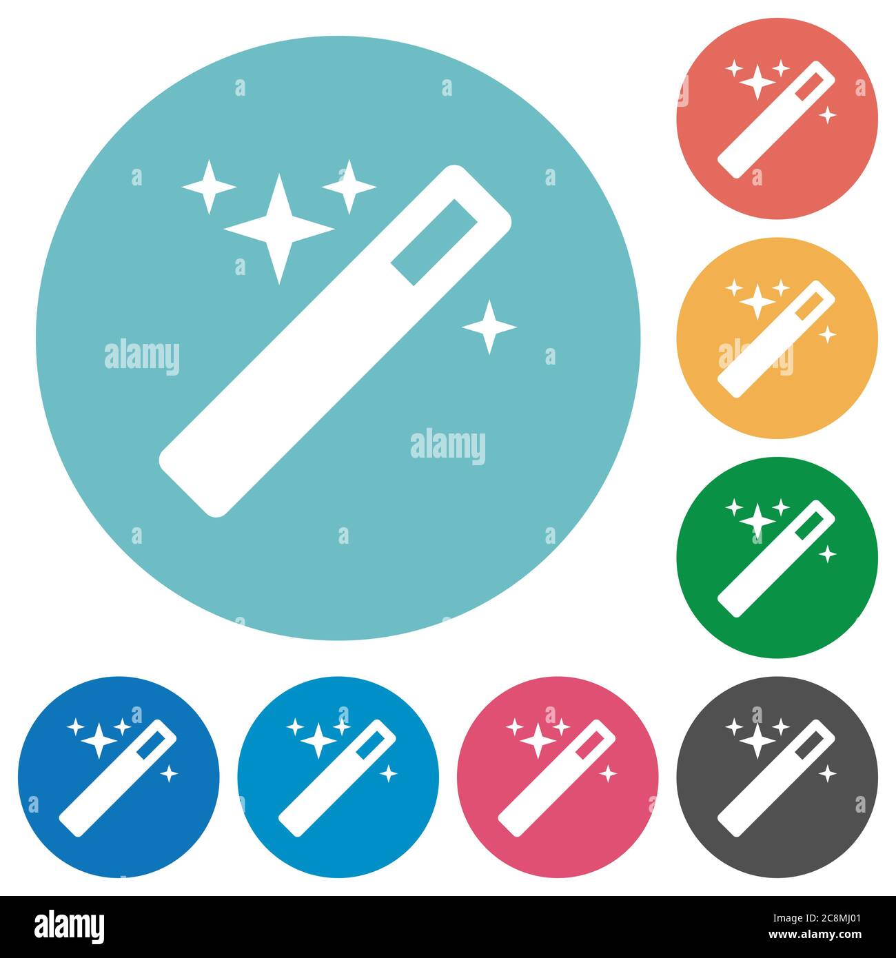Flat magic wand icon set on round color background. 8 color variations included with light teme ...