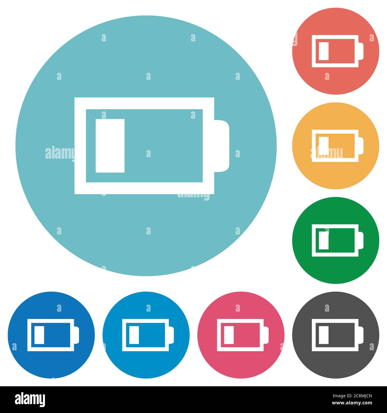 Flat low battery icon set on round color background. 8 color variations ...