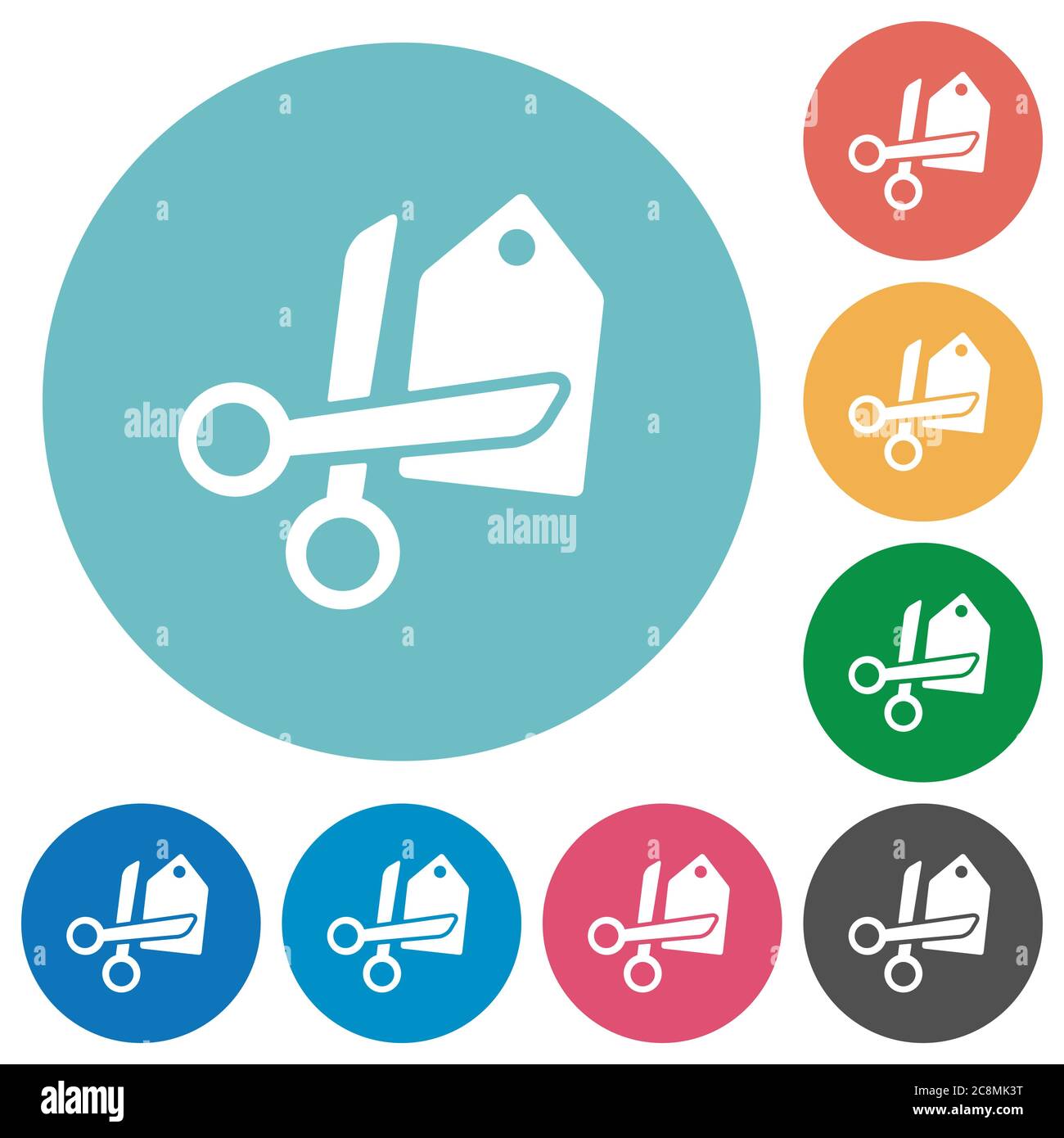 Flat price cut icon set on round color background. 8 color variations included with light teme ...