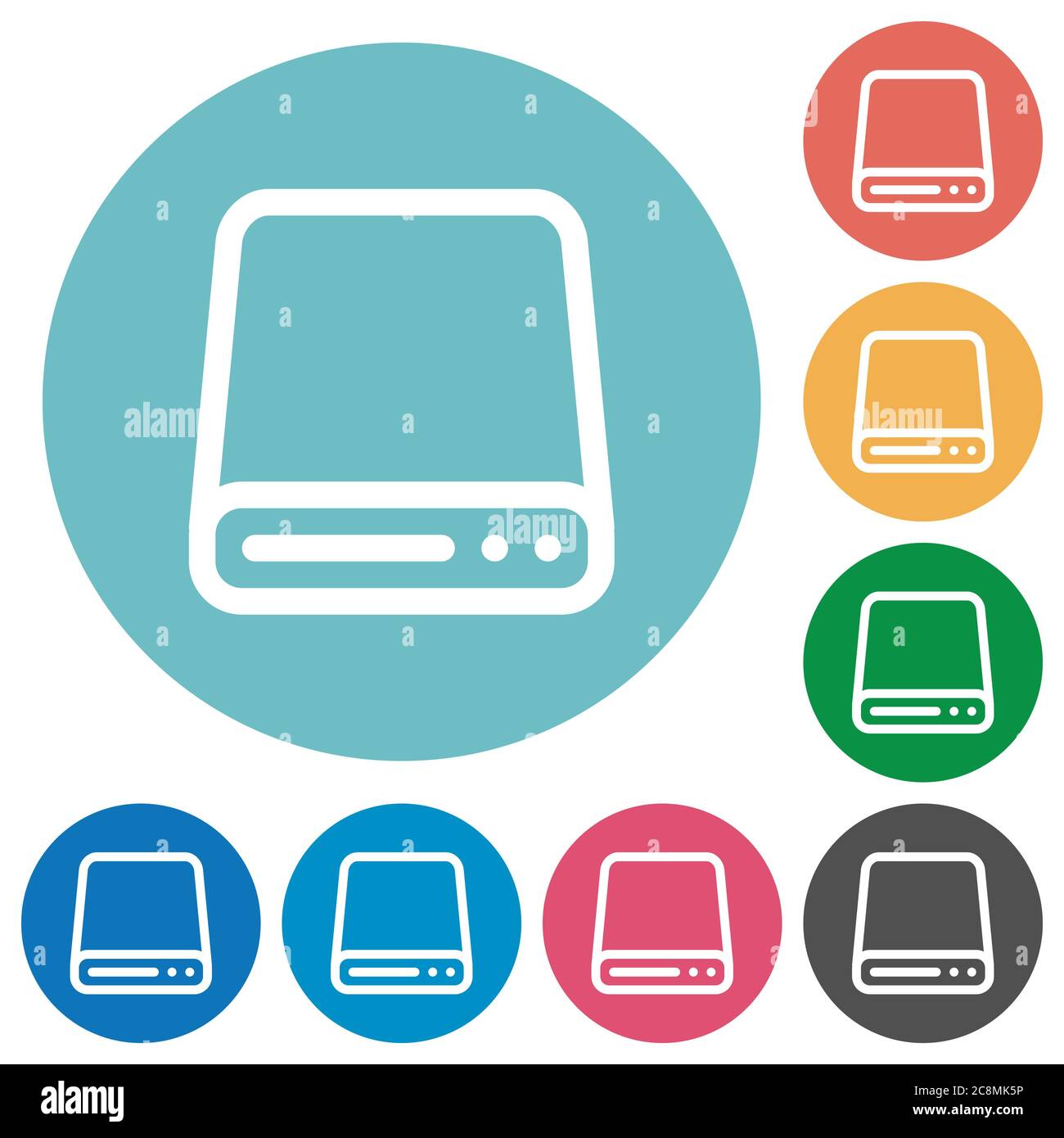 Flat hard disk drive icon set on round color background. 8 color variations included with light ...