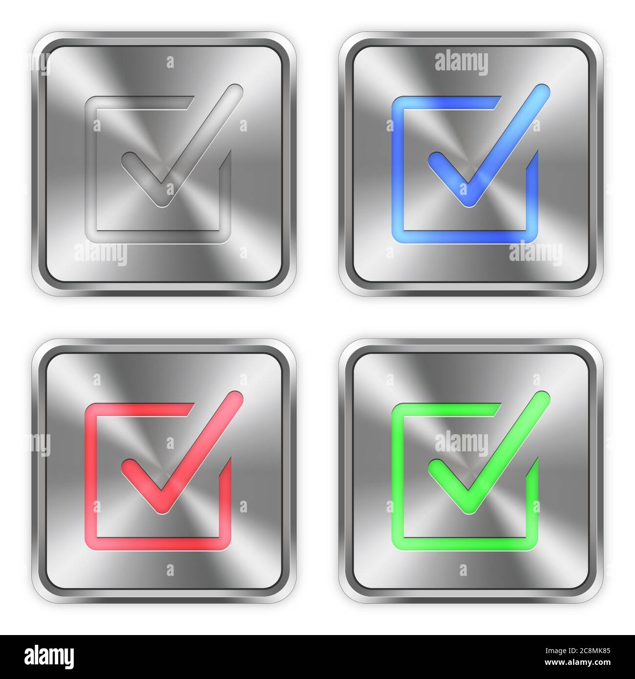 Color checked box icons engraved in glossy steel push buttons. Well ...