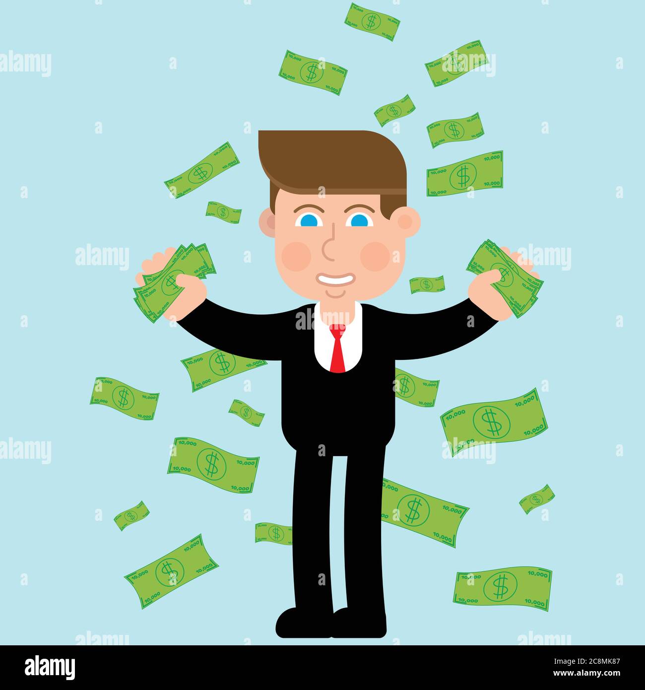 Money dropping from above and a business man character collecting money ...