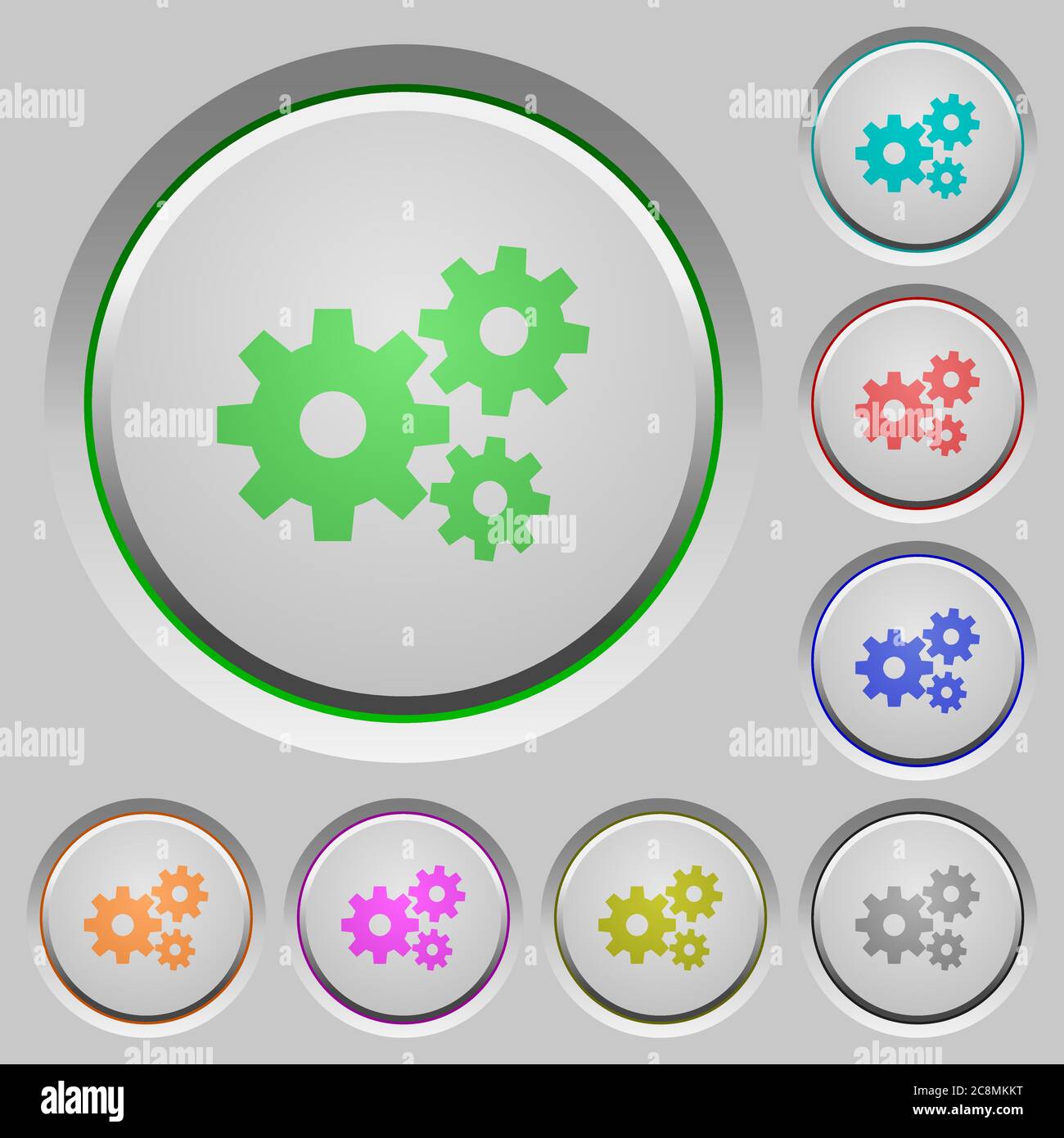 Set of gears sunk push buttons. Well-organized layer, color swatch and graphic style structure ...
