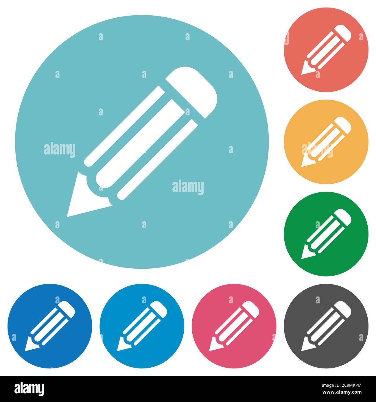 Flat pencil icon set on round color background. 8 color variations included with light teme ...
