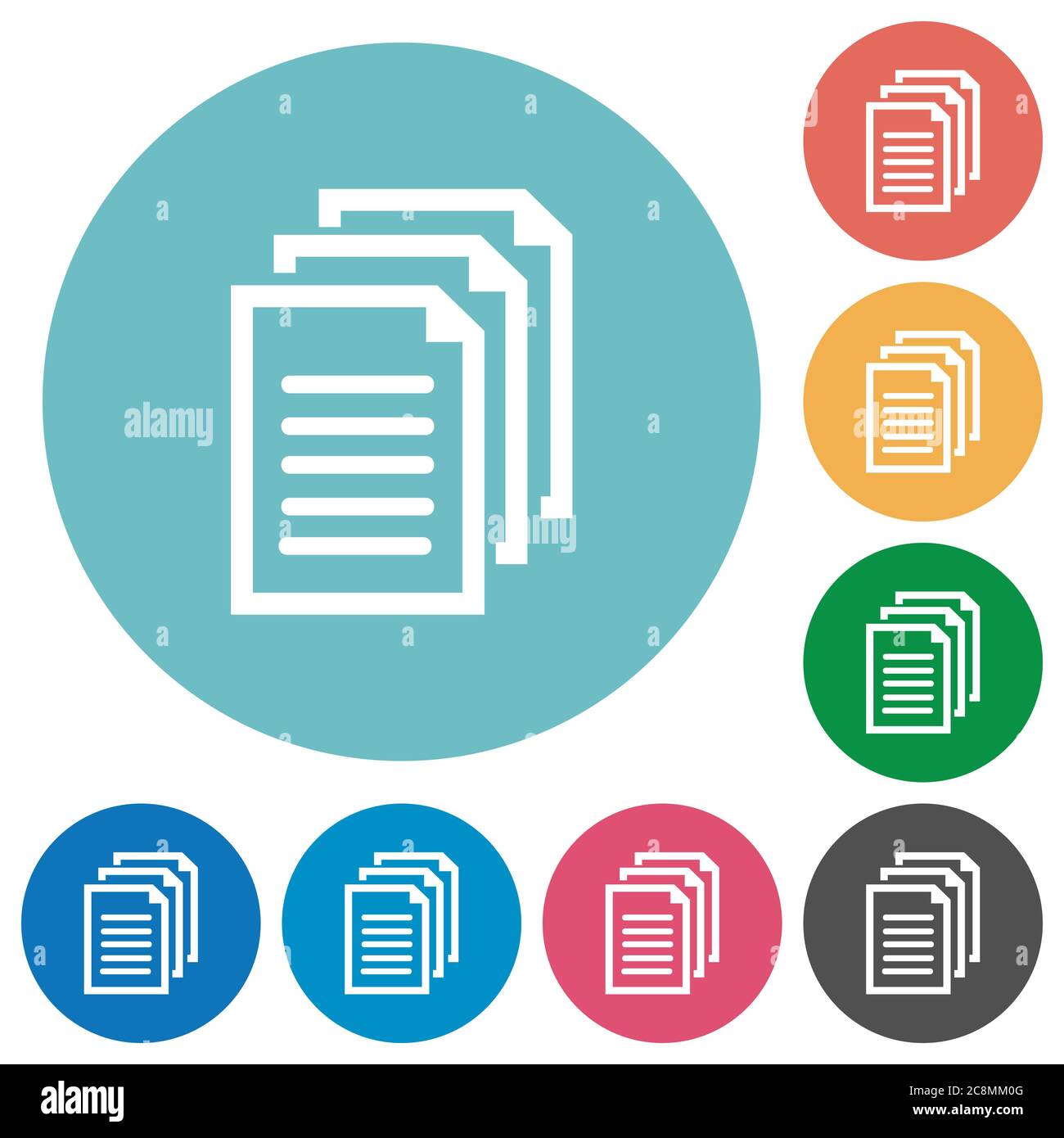 Flat documents icon set on round color background. 8 color variations included with light teme ...