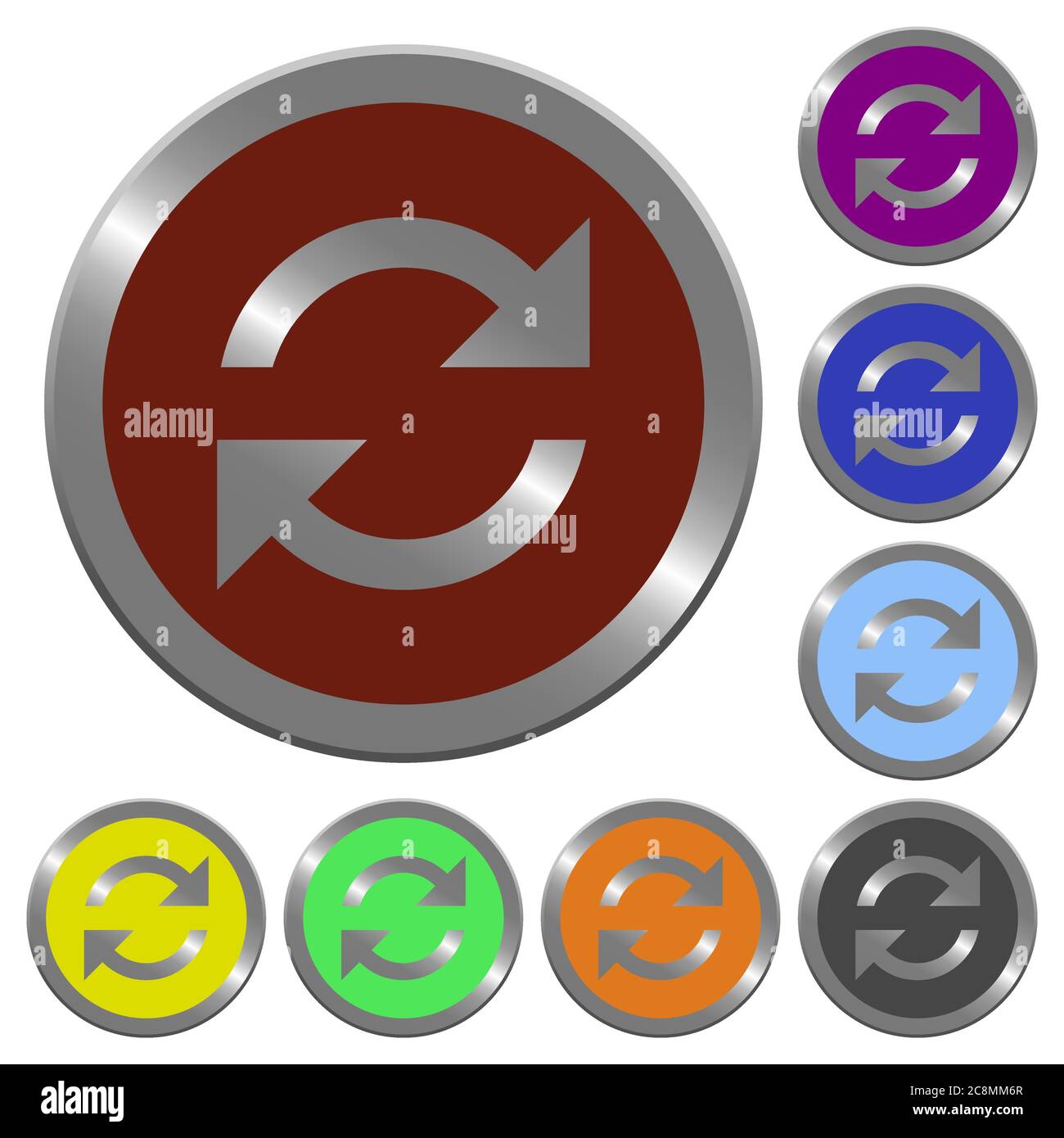 Set of glossy coin-like color refresh buttons. Arranged layer structure ...