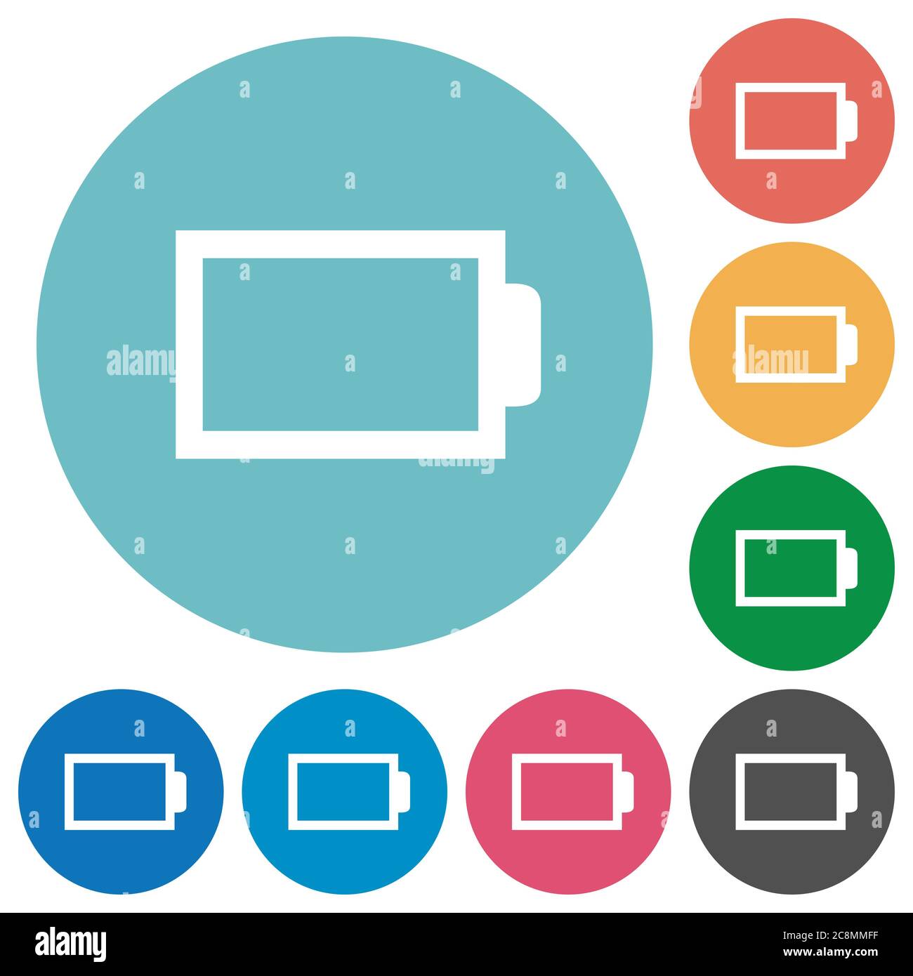 Flat empty battery icon set on round color background. 8 color ...