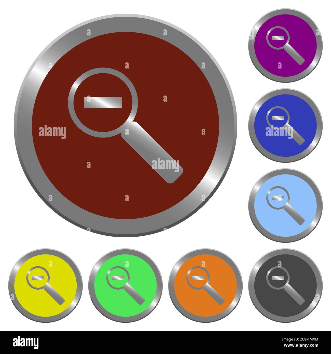 Set of glossy coin-like color zoom out buttons. Arranged layer ...