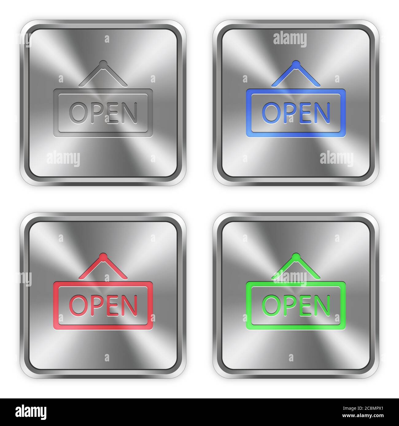 Color open sign icons engraved in glossy steel push buttons Stock ...