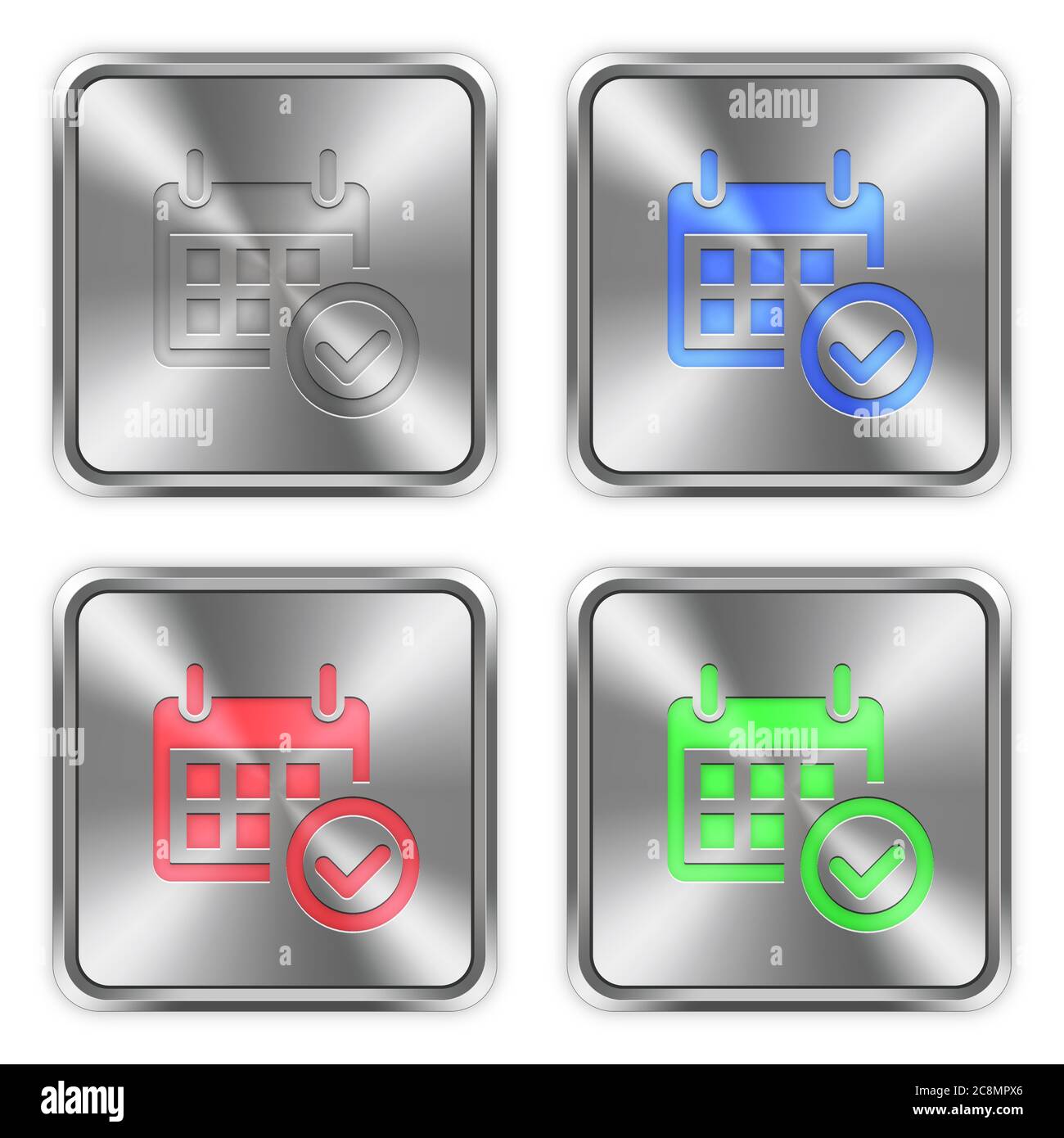 Color calendar check icons engraved in glossy steel push buttons Stock ...