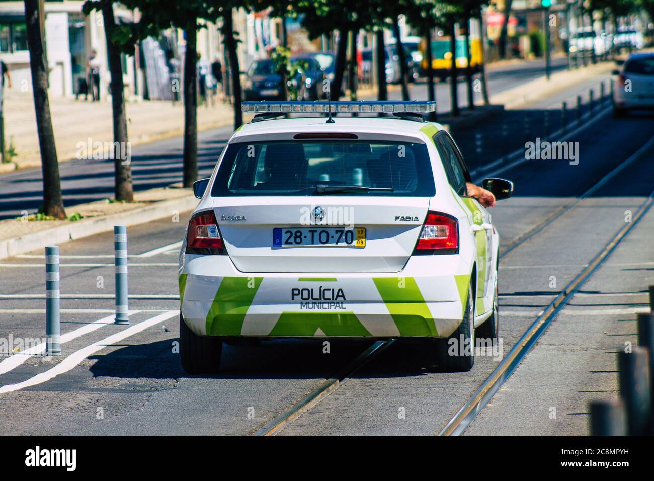 Lisbon Portugal july 25, 2020 View of a municipal police car driving ...