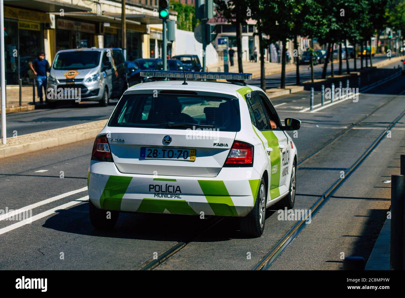 Lisbon Portugal july 25, 2020 View of a municipal police car driving ...