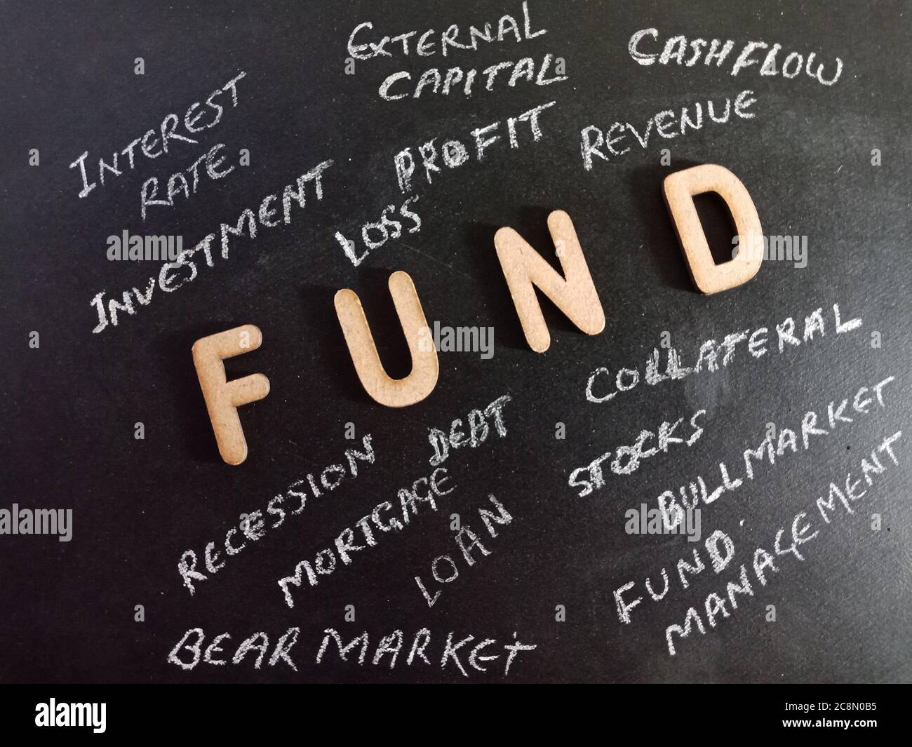 Fund word presented on chalk board with wooden alphabets collection on ...