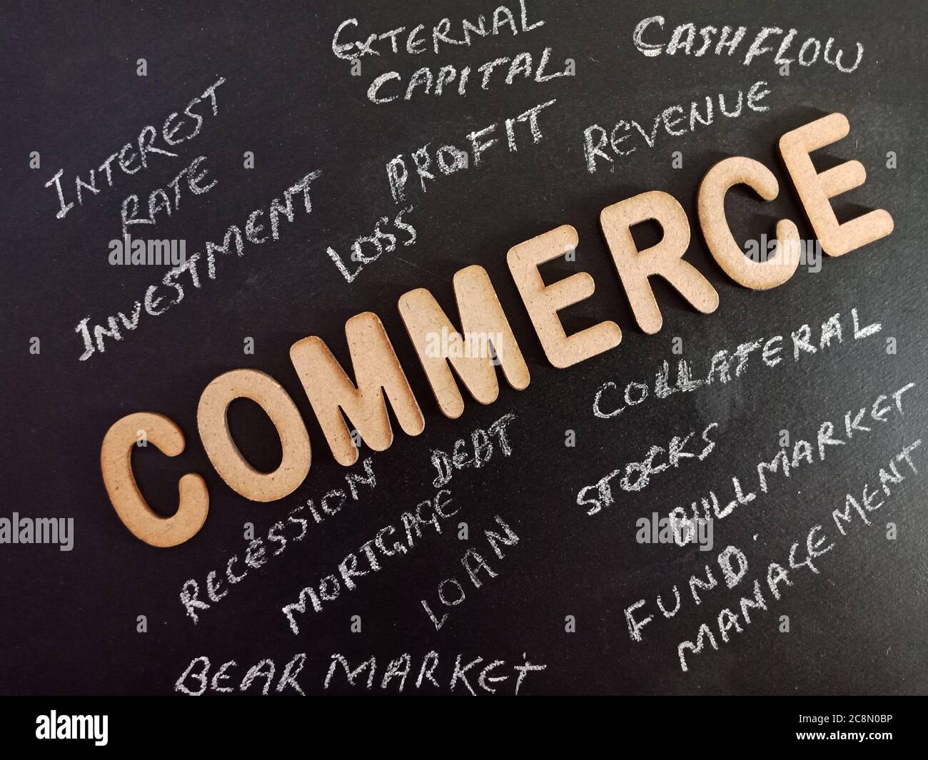 Commerce word presented on chalk board with wooden alphabets collection ...