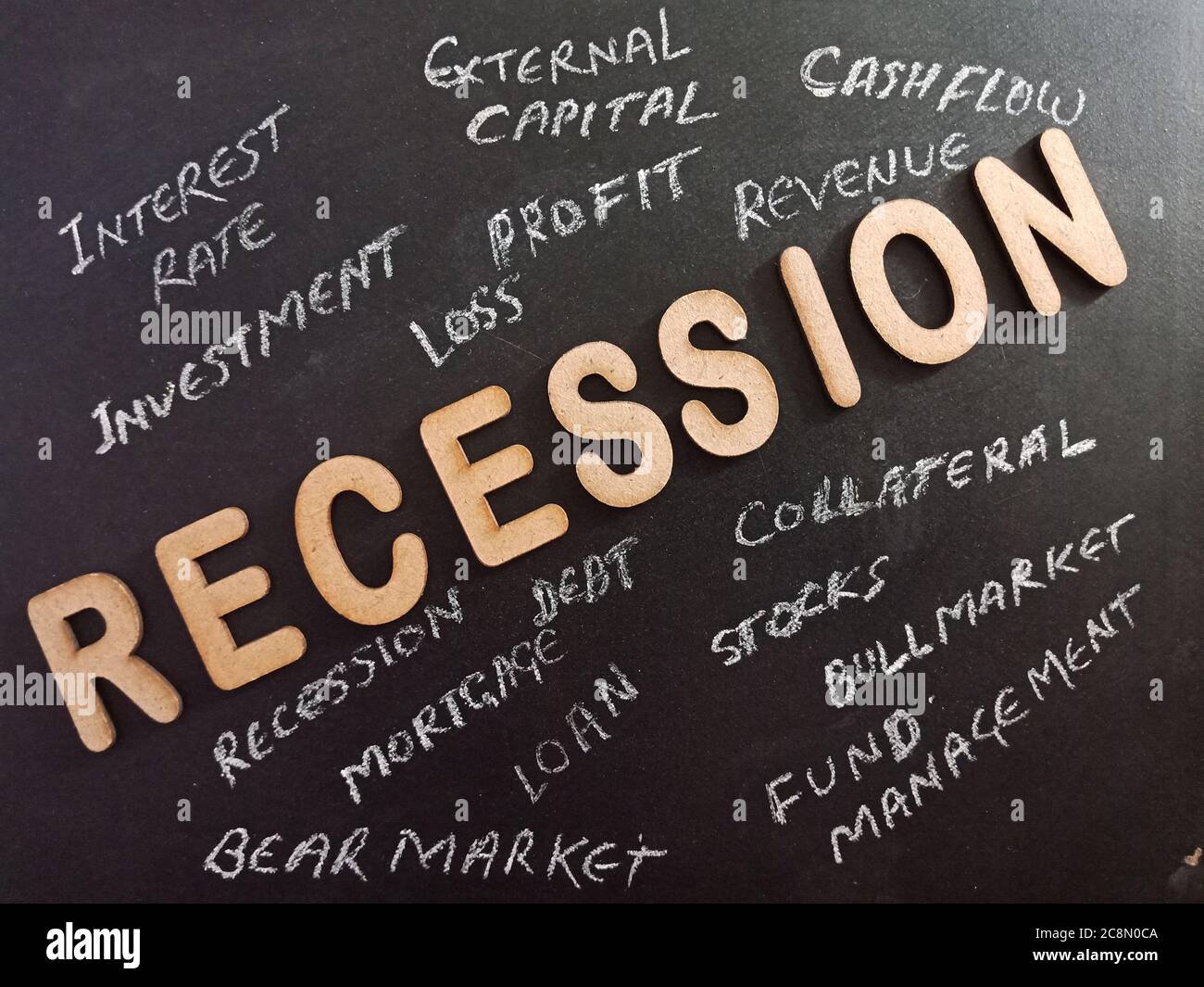 Recession word presented on chalk board with wooden alphabets ...
