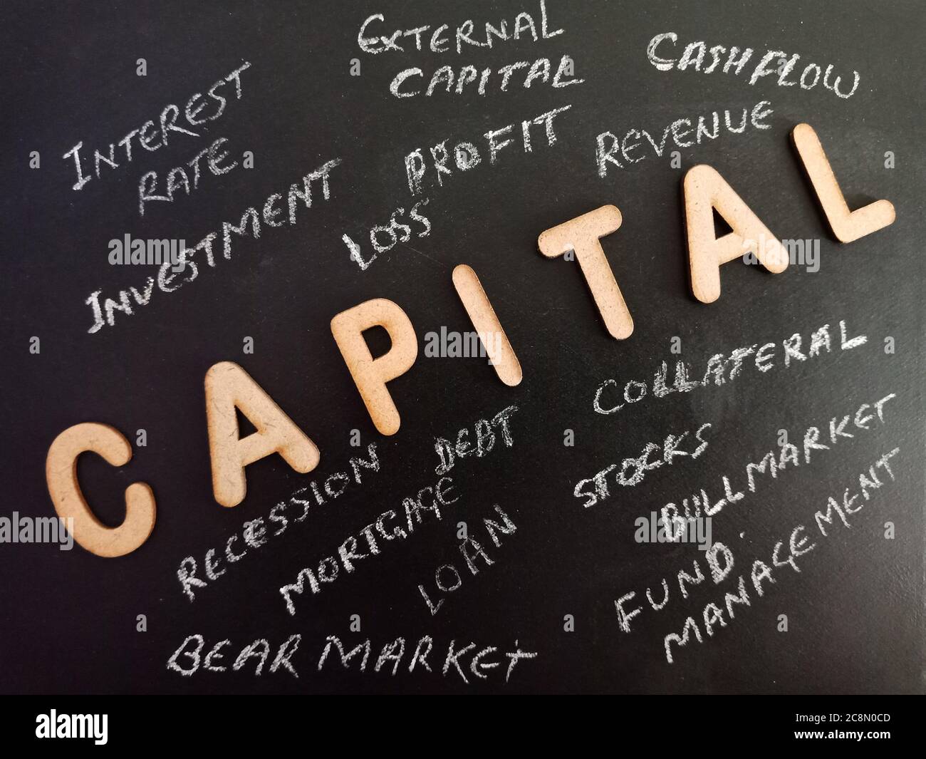 Capital word presented on chalk board with wooden alphabets collection ...