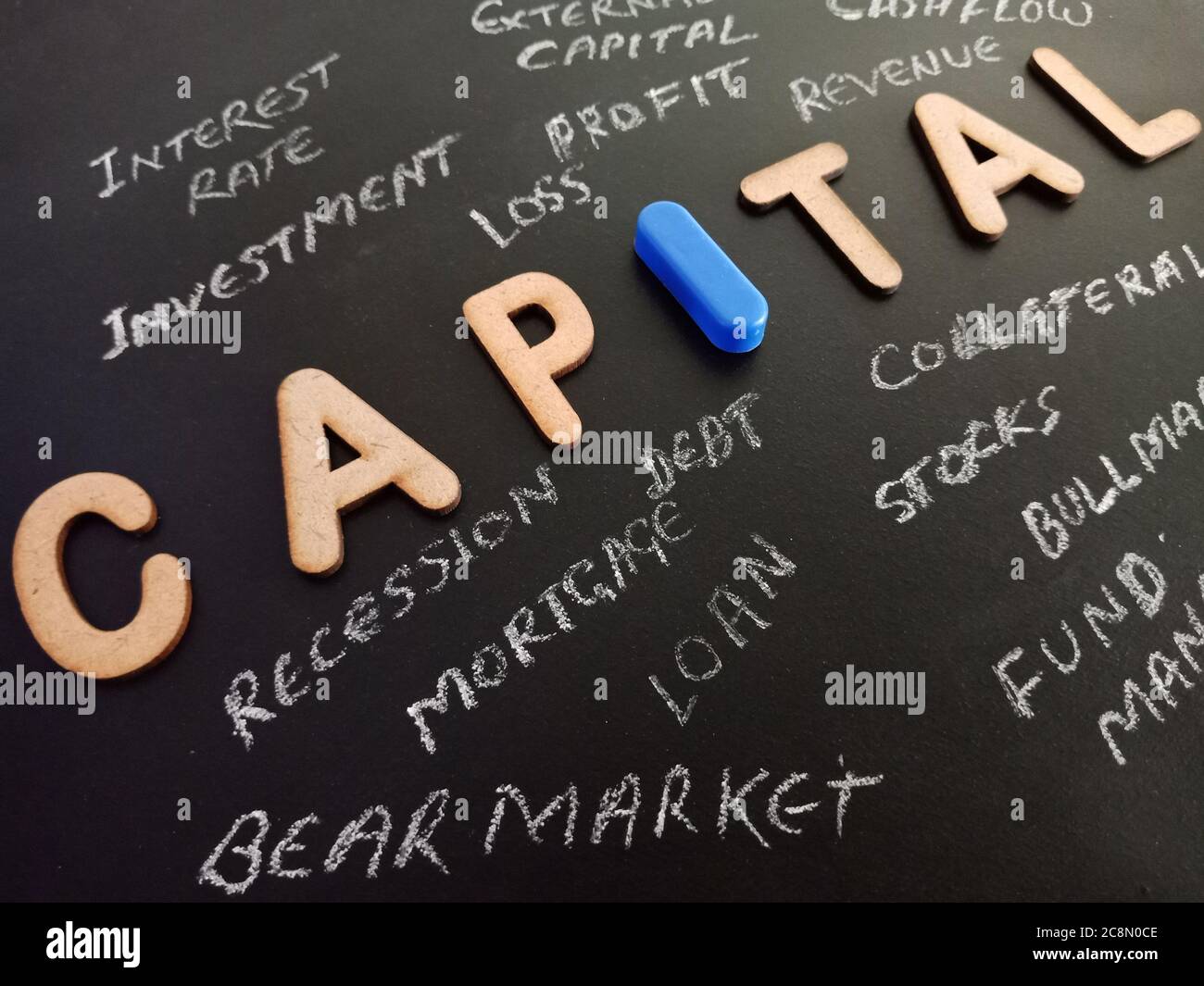 Capital text displayed on black board with 3d word on dark education ...