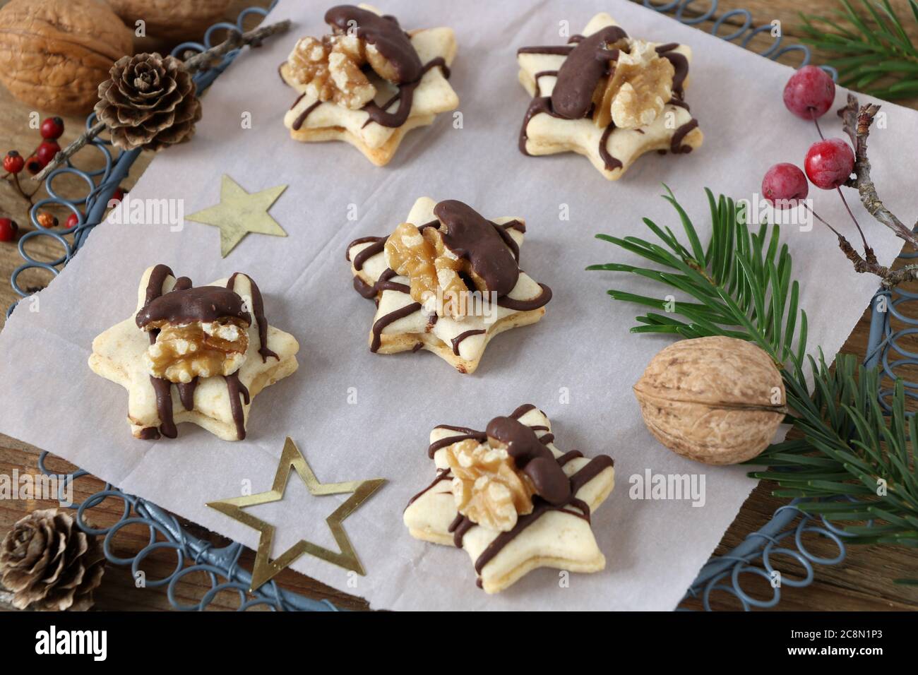 christmas bakery walnut star biscuits Stock Photo - Alamy