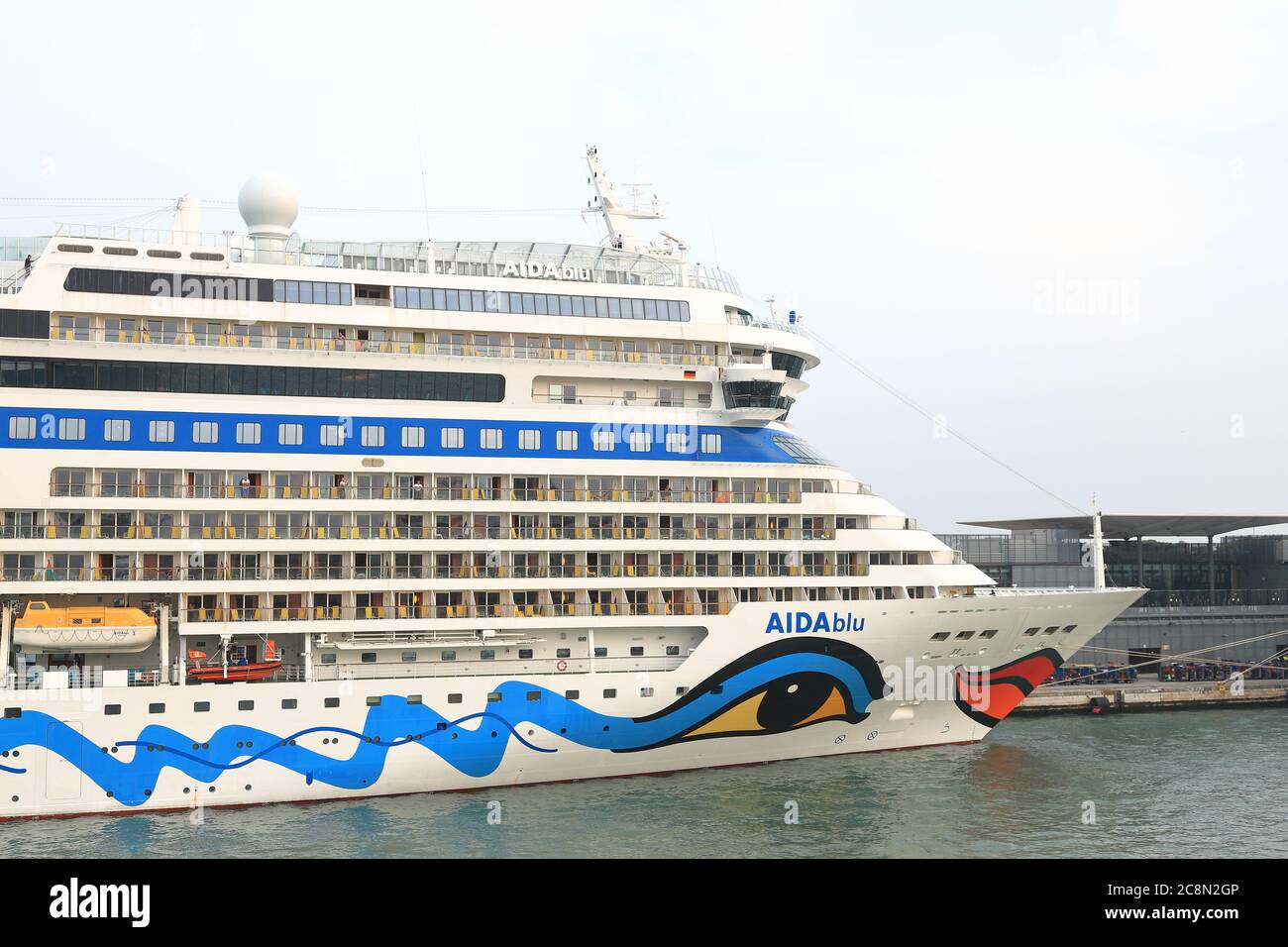 A view of the bow of cruise ship AIDAblu in the port of Venice, Italy ...