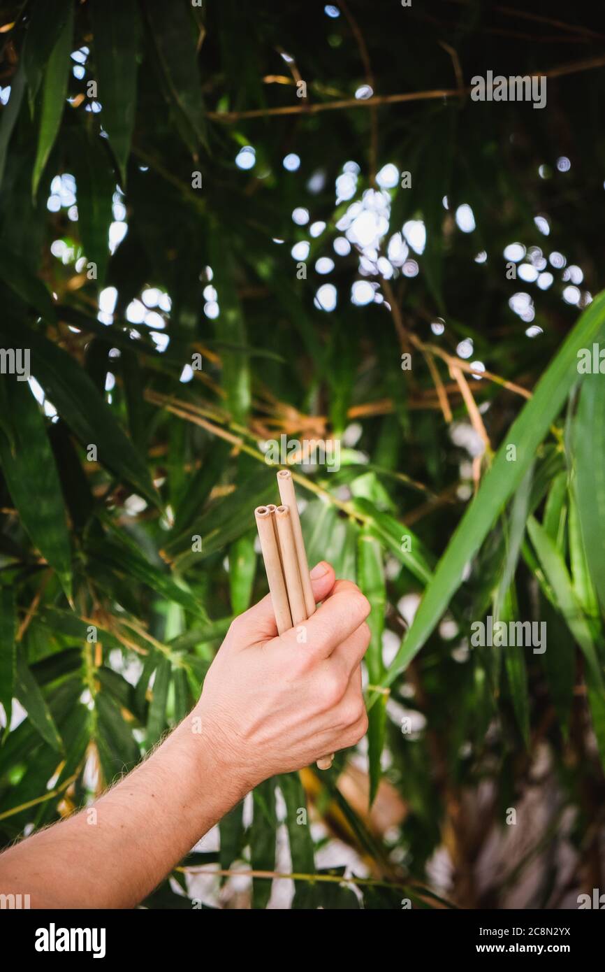Reusable Bamboo drinking straw in man hands on bamboo background. Zero ...