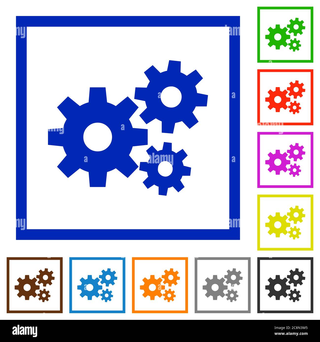 Set of color square framed Gears flat icons on white background Stock ...