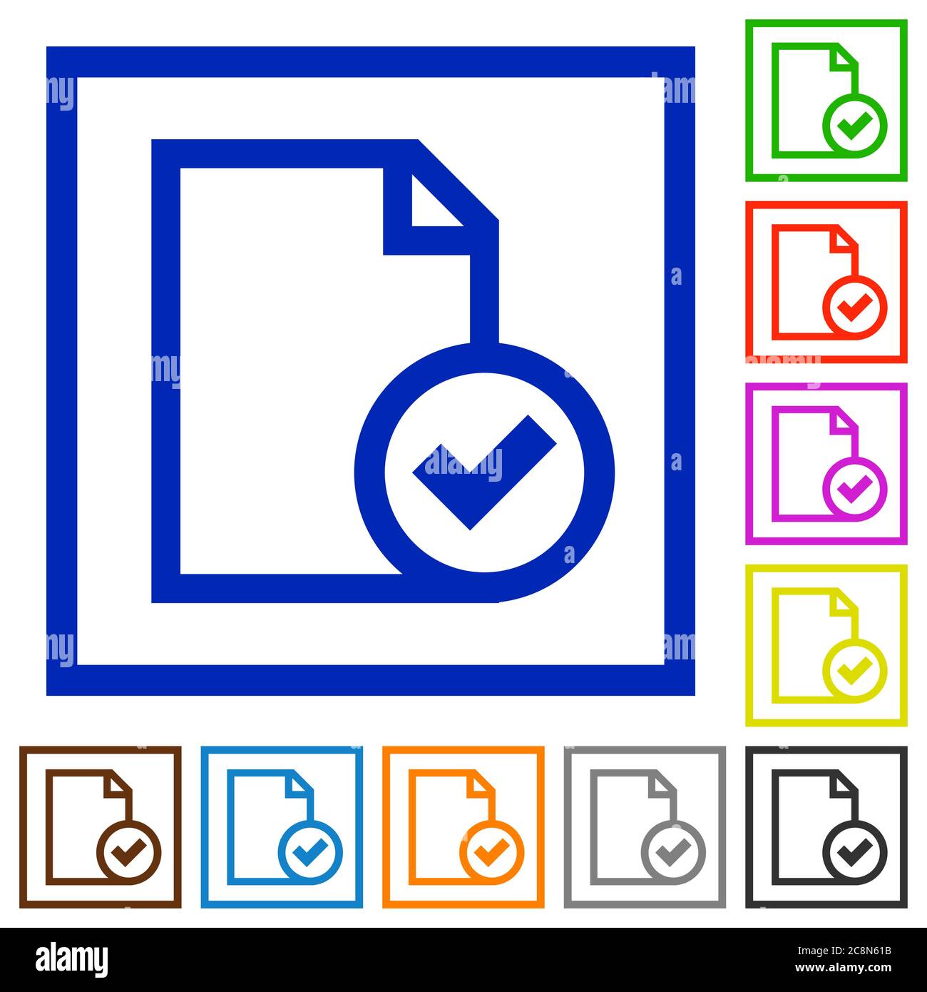 Set of color square framed Document accepted flat icons on white ...