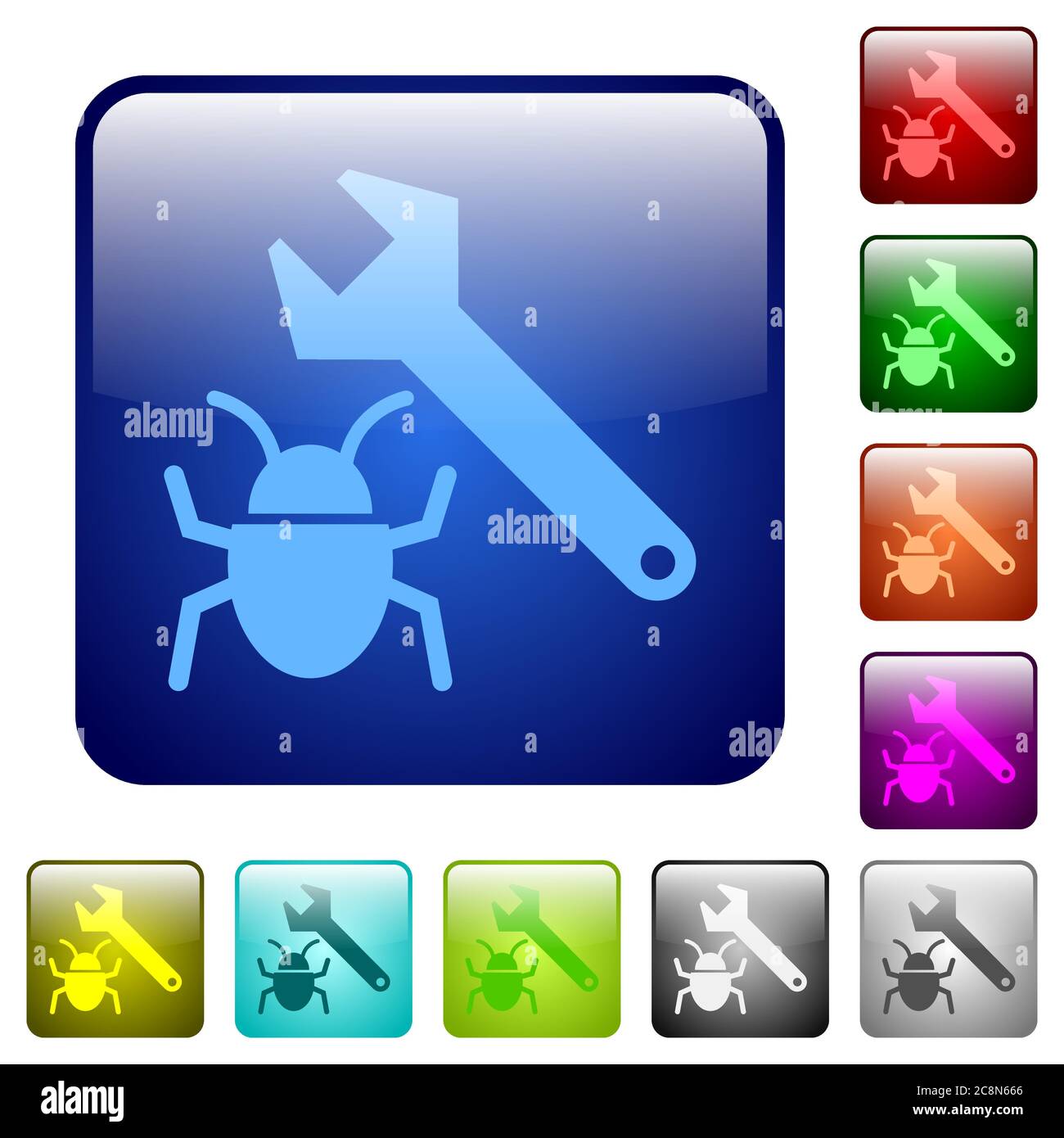 Set of bug fixing color glass rounded square buttons Stock Vector Image ...