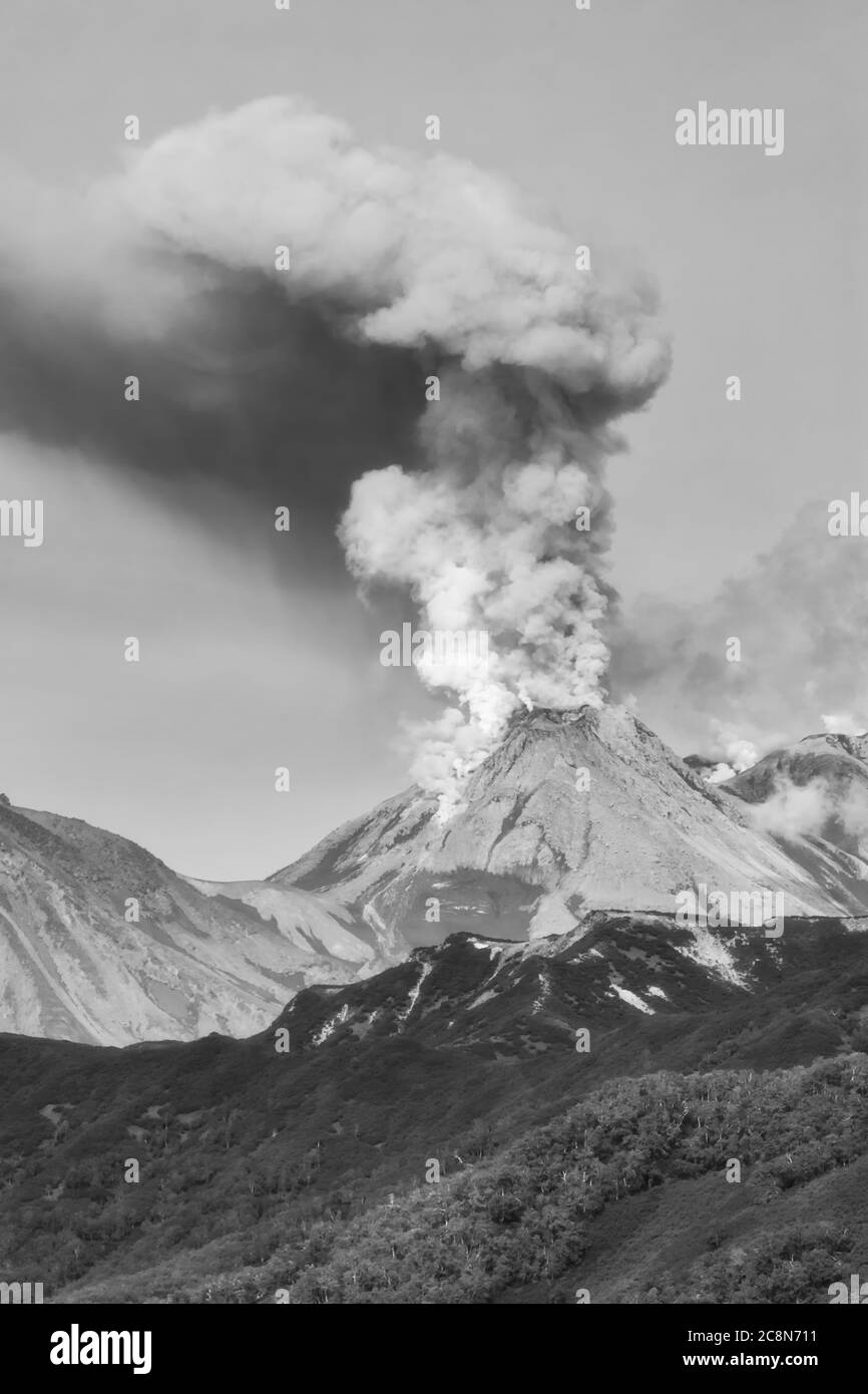 Dramatic volcanic landscape, beautiful view of erupting of Zhupanovsky ...