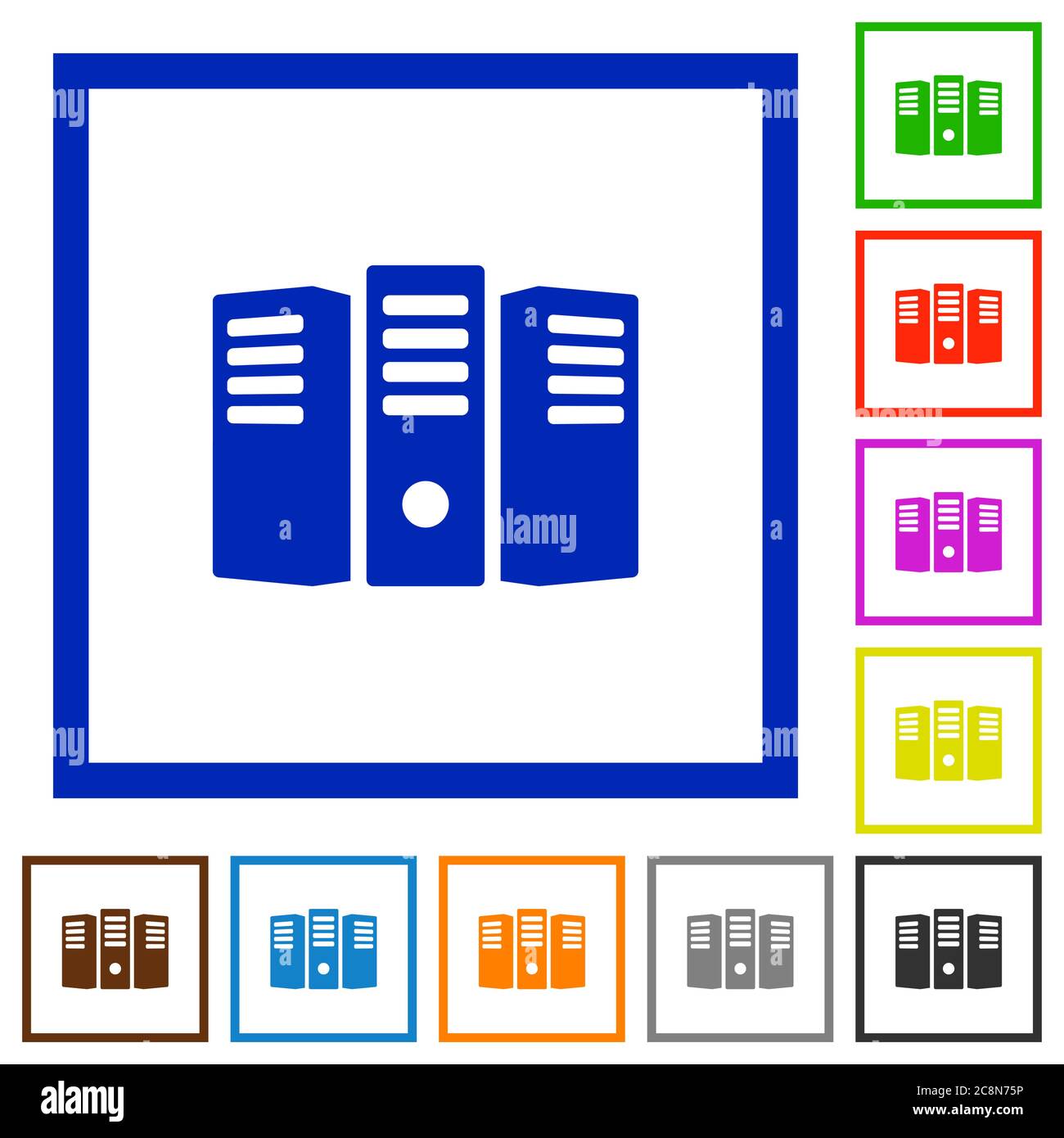Set of color square framed Server hosting flat icons on white ...