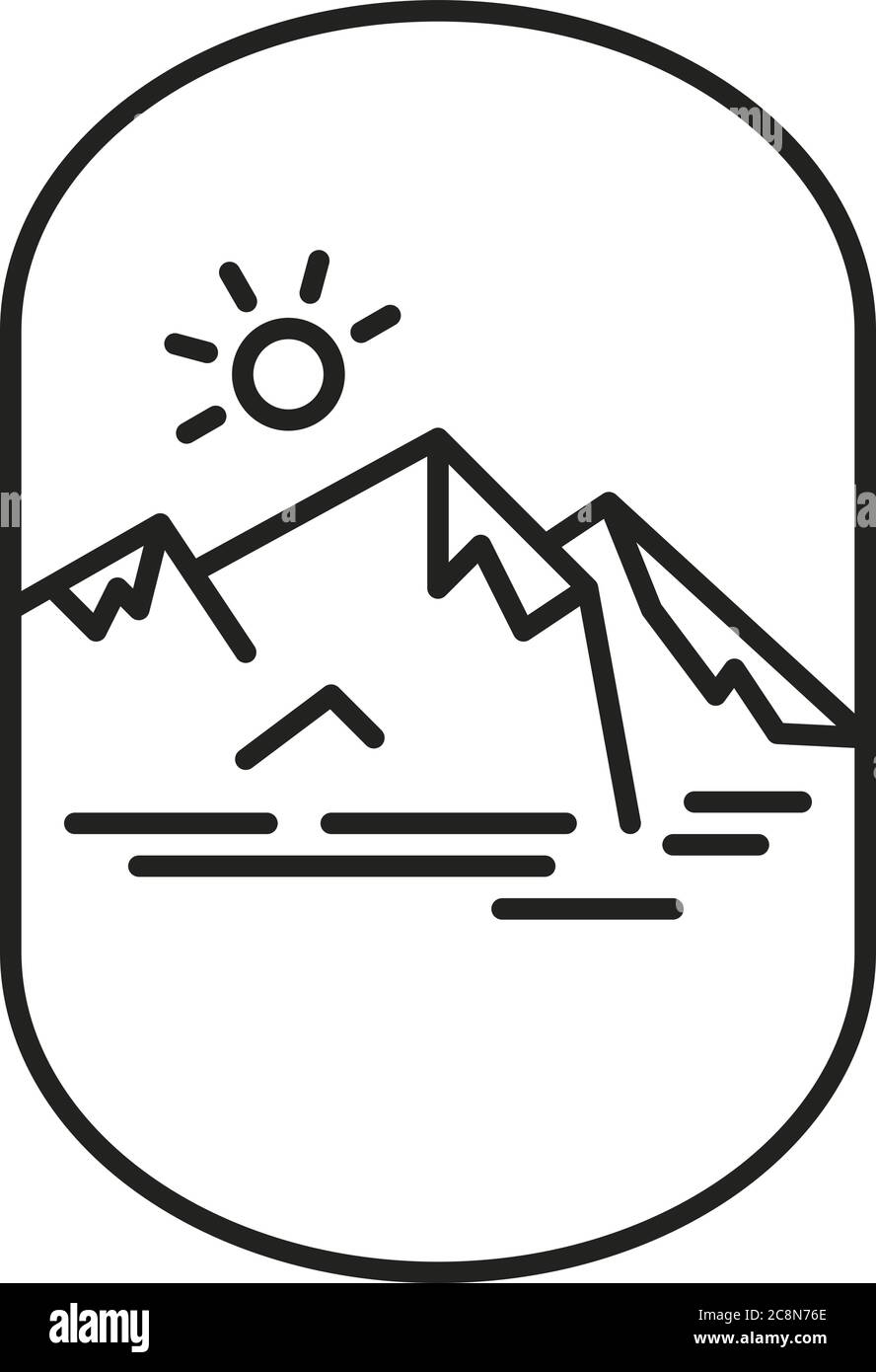 Vector illustration. Lineal insignia with mountain ridge, sun and lake ...