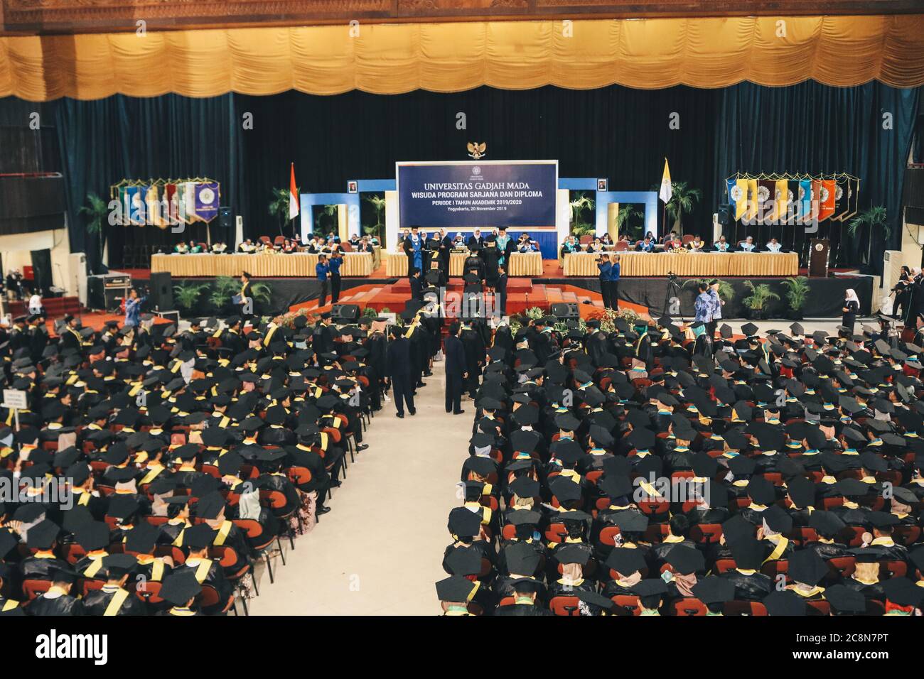 Top view of group of university graduates in black gowns lines up for ...