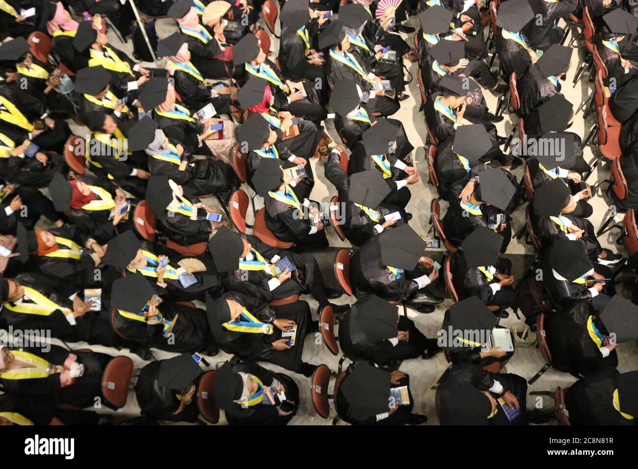 Top view of group of university graduates in black gowns lines up for ...