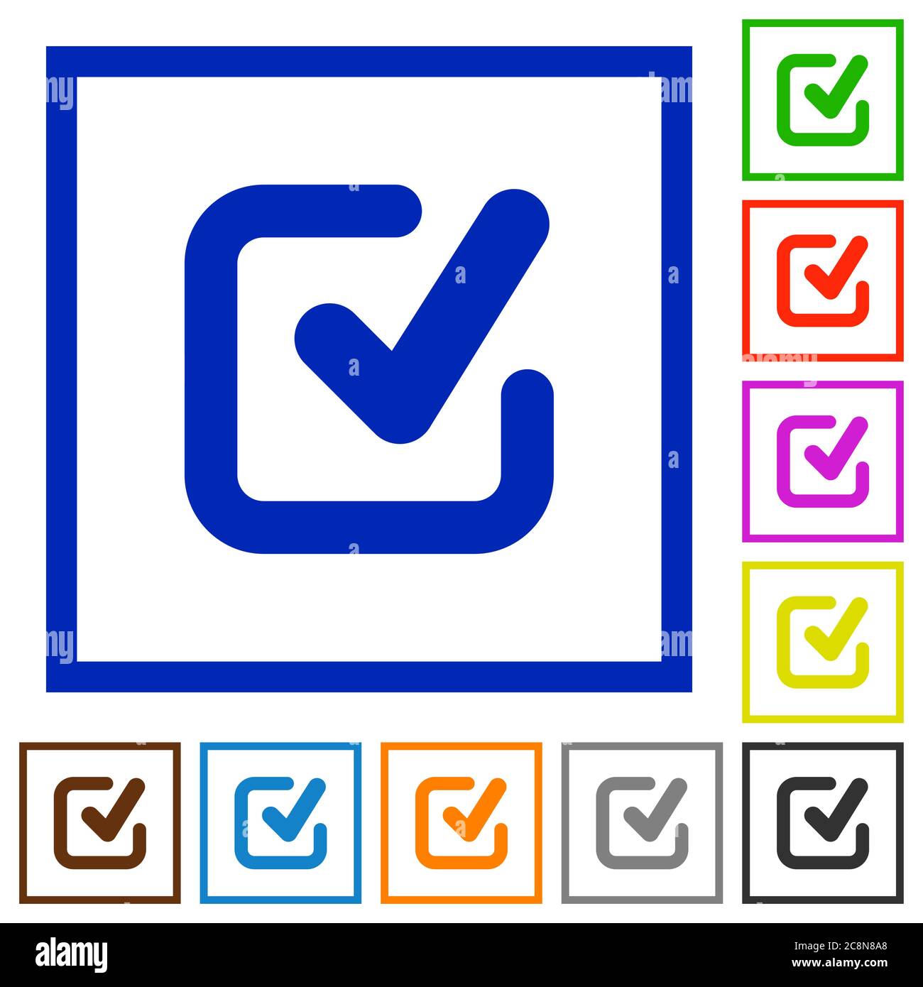 Set of color square framed checkmark flat icons on white background ...