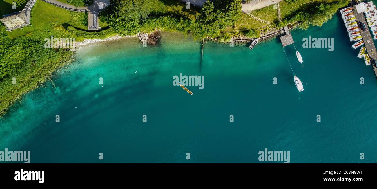 Ledro lake in Trentino Alto Adige, Italy. Top view of the lake with the ...