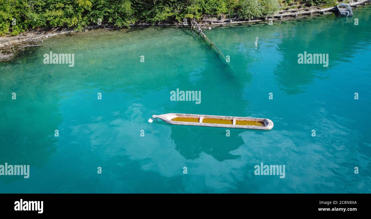 Ledro lake in Trentino Alto Adige, Italy. Top view of the lake with the ...