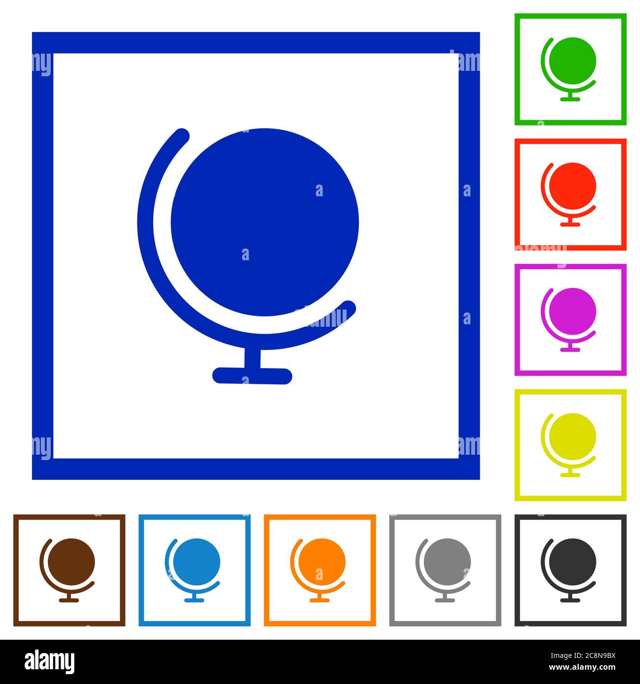 Set of color square framed globe flat icons on white background Stock ...