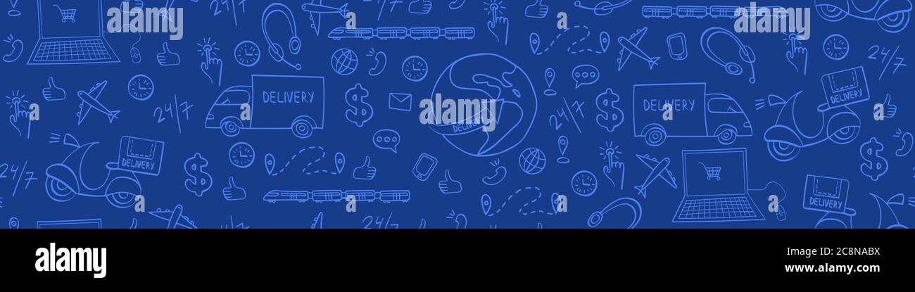 Delivery hand drawn horizontal border. Doodle shipping elements on blue ...