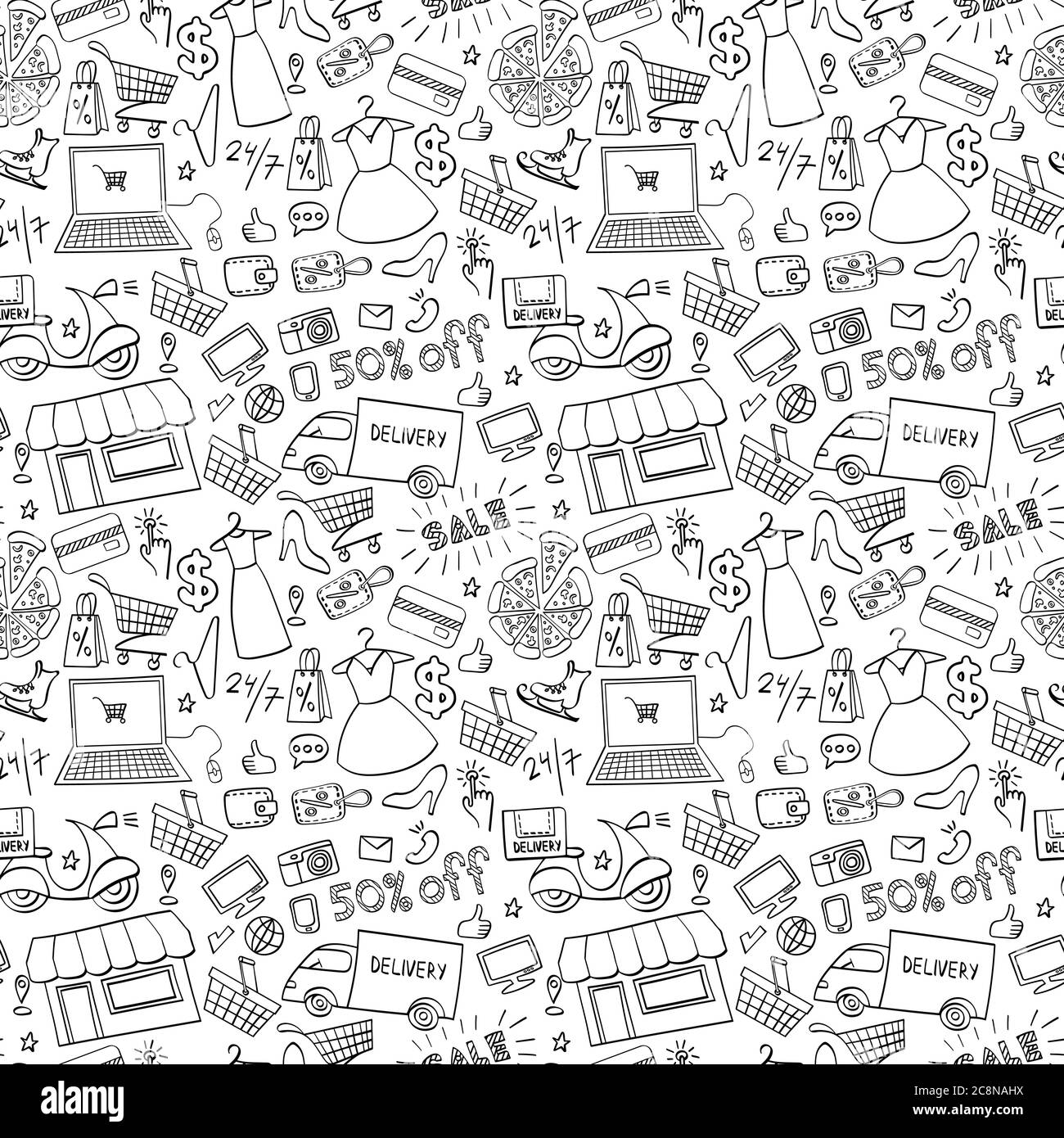 Online shopping hand drawn seamless pattern. Doodle e-commerce ...